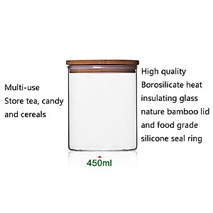 Newerlives Air Tight Storage Jar, Glass Storage Tank with a Natural Bamboo Lid, 450 ML, 650 ML, 950 ML (Bamboo, 450ML)