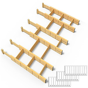 SpaceAid Bamboo Drawer Dividers with Inserts and Labels, Kitchen Adjustable Drawer Organizers, Expandable Organization for Home, Office, Dressers and Bathroom, 6 Dividers with 12 Inserts (17-22 in)