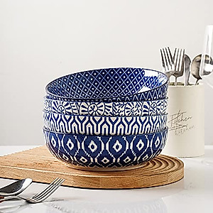 Selamica Ceramic 30 Ounce Large Pasta Bowls 8 inch Serving Bowls Wide and Shallow Microwave Dishwasher Safe Bowls Set of 4, Vintage Blue