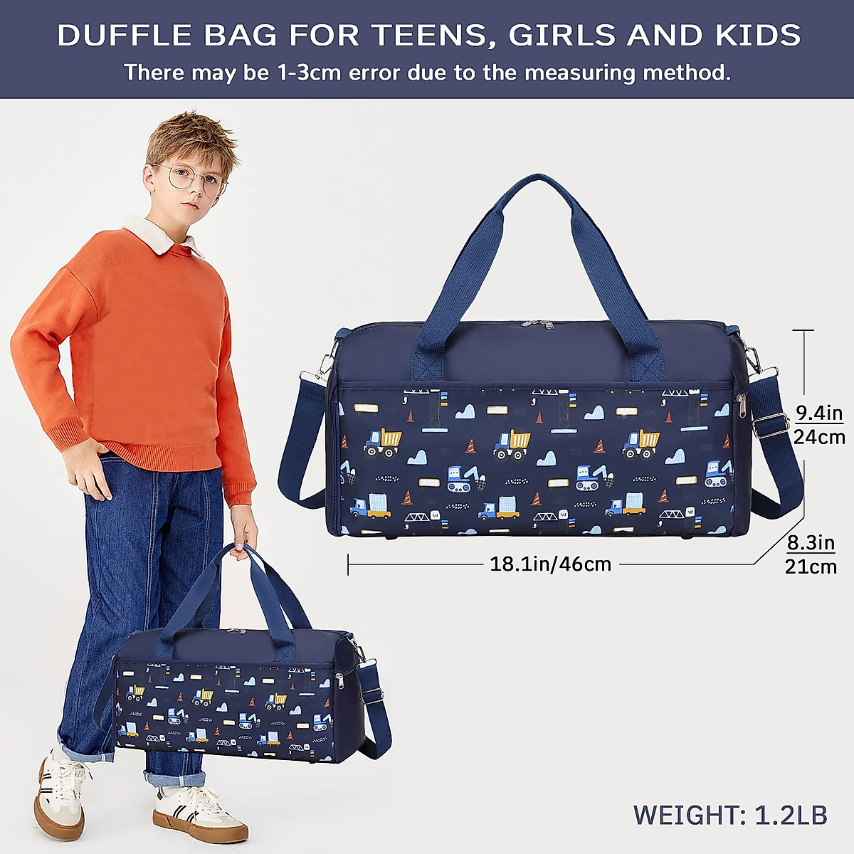 Mygreen Kids Overnight Duffle Bag Boys Sport Gym Bag with Shoe Compartment & Wet Pocket, Carry On Weekender Travel Bag for Kid Boys Truck Navy