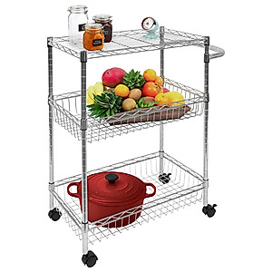 Mount-It! Mesh Wire Rolling Cart | 3-Tier Multi-Function Metal Trolley for Kitchen Storage and Organization | Heavy-Duty Storage Cart with Wheels and Handle | Silver