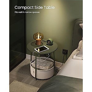 VASAGLE Side Table with Charging Station, Round End Table With Fabric Basket, Nightstand with Power Outlets USB Ports, for Living Room, Bedroom, Modern, Forest Green and Cream White ULET228C04