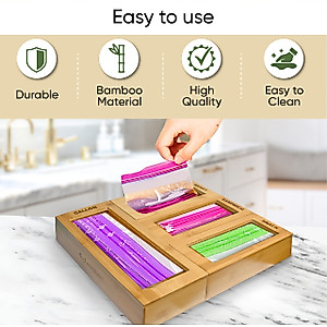 VIKAMAX Ziplock Bag Organizer , Bamboo Drawer Organizer , 4 Separate Baggie Organizer Storage Bag Organizer Bag Storage Organizer for Kitchen Drawer