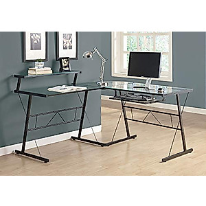 Monarch Specialties Computer Desk L-Shaped Corner Workstation Tempered Glass Top with Shelf Keyboard Trey-Metal Legs, 57" L, Black Frame