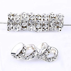 100pcs Adabele Grade A 12mm (0.47 Inch) Crystal Rhinestone Rondelle Spacer Beads (Large Hole 6mm) Sterling Silver Plated Brass Round Metal Beads CF5-12