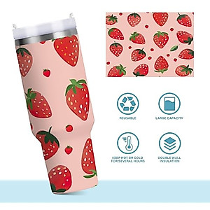 Jihqo Cute Strawberry 40 oz Stainless Steel Vacuum Insulated Tumbler with Handle and Straw Lid, Leakproof Water Bottle Double Wall Travel Mug Coffee Cup, Cupholder Friendly