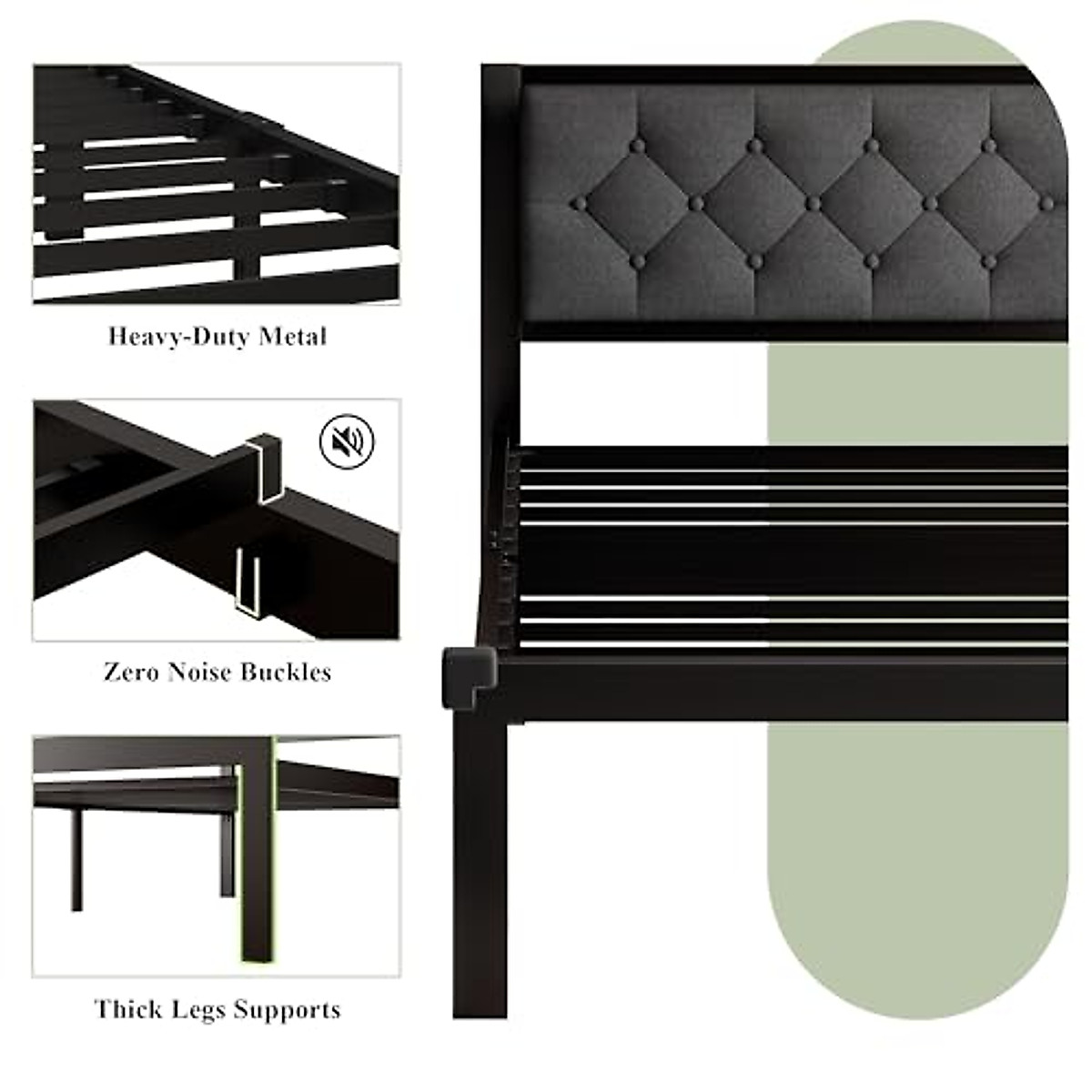 Feonase Twin Size Metal Bed Frame with Linen Upholstered Headboard, Heavy-Duty Platform Bed Frame with 12" Storage, Steel Slats Support, No Box Spring Needed, Gray