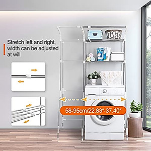 BAOYOUNI 2-Tier Laundry Room Shelf Over Washing Machine Storage Utility Rack Above Toilet Washer Dryer Bathroom Organizer Width Adjustable Space Saving Shelving Units with Clothes Hanging Rod, White