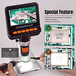 LCD Digital Microscope with Polarizer, HD Output 12MP Digital 1200x Magnification for SMD Soldering Work Jewelers Coins Collection