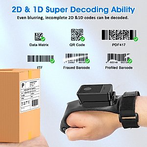 Alacrity 2D Wireless Wearable Glove Barcode Scanner, Bluetooth 2.4GHz Wireless USB 3 in 1, Right Hand Wearing Wireless Bar Code Reader Compatible with Smartphone Tablet
