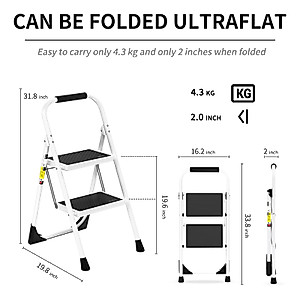 Step Ladder EFFIELER,2 Step Stool Ergonomic Folding Step Stool with Wide Anti-Slip Pedal 430 lbs Sturdy Step Stool for Adults Multi-Use for Household, Kitchen，Office Step Ladder Stool (White)