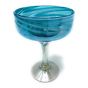 Dos Sueños Mexican Hand Blown Glass – Set of 4 Hand Blown Margarita Glasses Aqua Swirl (16 oz)