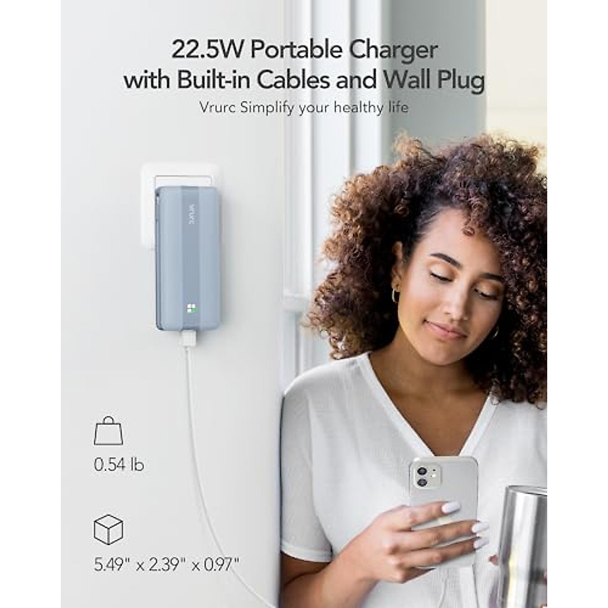 VRURC Portable Charger, 22.5W Fast Charging Power Bank with Built-in Cables & AC Wall Plug, 10000mAh Battery Pack(QC4.0 PD3.0), USB C with 4 Output 2 Input, Compatible with iPhone Samsung etc - Blue