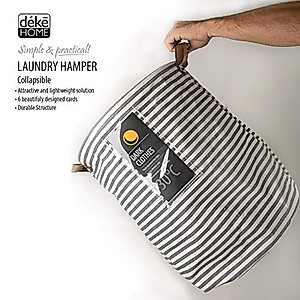 Deke Home Collapsible Laundry Basket Hamper. Round Striped Canvas Waterproof Large Storage bin Baskets. Storage Washing Clothes and Toys with Handles and drawnstring 13.3"x 18.5"