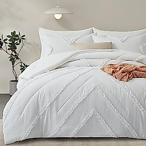 BEDAZZLED White Comforter Set Queen Size - 3 Pieces Ruffle Queen Comforter, Textured Bedding Comforter Sets Lightweight and Vintage Bed Set for All Season, Bed in a Bag with 2 Pillowcases