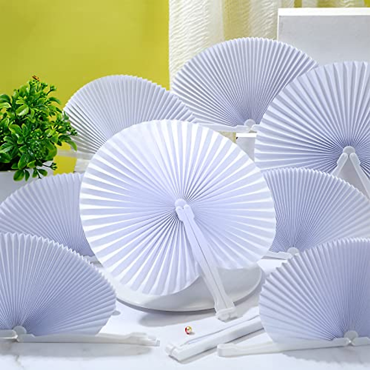 Yulejo White Paper Fans Wedding Fans Round Shaped Folding Fans Plastic Handle for Women Men Guest Wedding Celebration Birthday Party Favor (100 Packs)