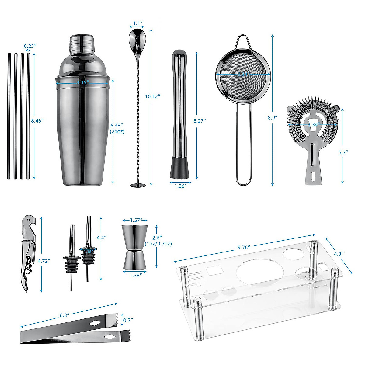 VG Cocktail Shaker Set with Acrylic Stand | 15 Pieces Mixology Bartender Kit | Bar Tools Set with All Bar Accessories for Dink Mixing, Beginers Home Bartending