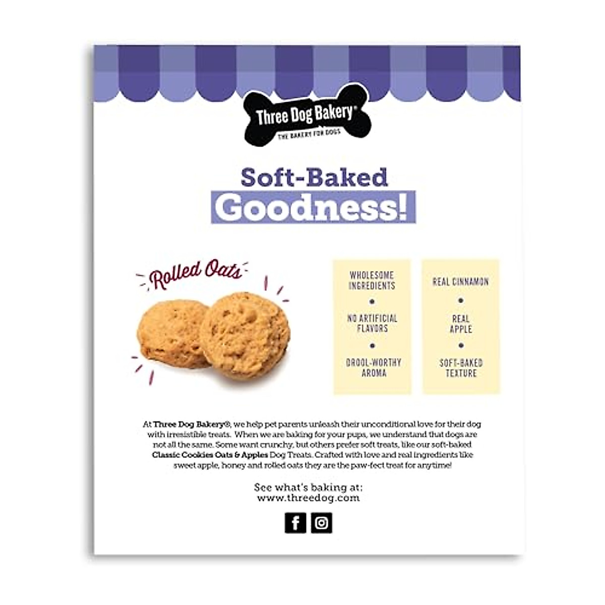 Three Dog Bakery Soft Baked Classic Cookies with Oats and Apple, Premium Treats for Dogs, 13 Ounce Box (114334)