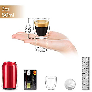 DLux Espresso Coffee Cups 3oz, Double Wall, Clear Glass set of 4 Glasses, Insulated Borosilicate Glassware Tea Cup