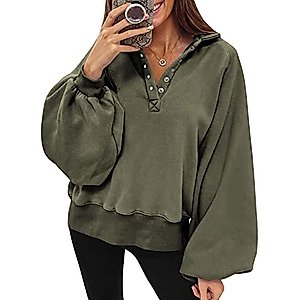 Dokotoo Women's Fashion Hoodies & Sweatshirts Lantern Long Sleeve Button Collar Crewneck Oversized Pullovers Winter Sweatshirts for Women Loose Fit Casual Ladies 2023 Fall Shirt Tops Green L