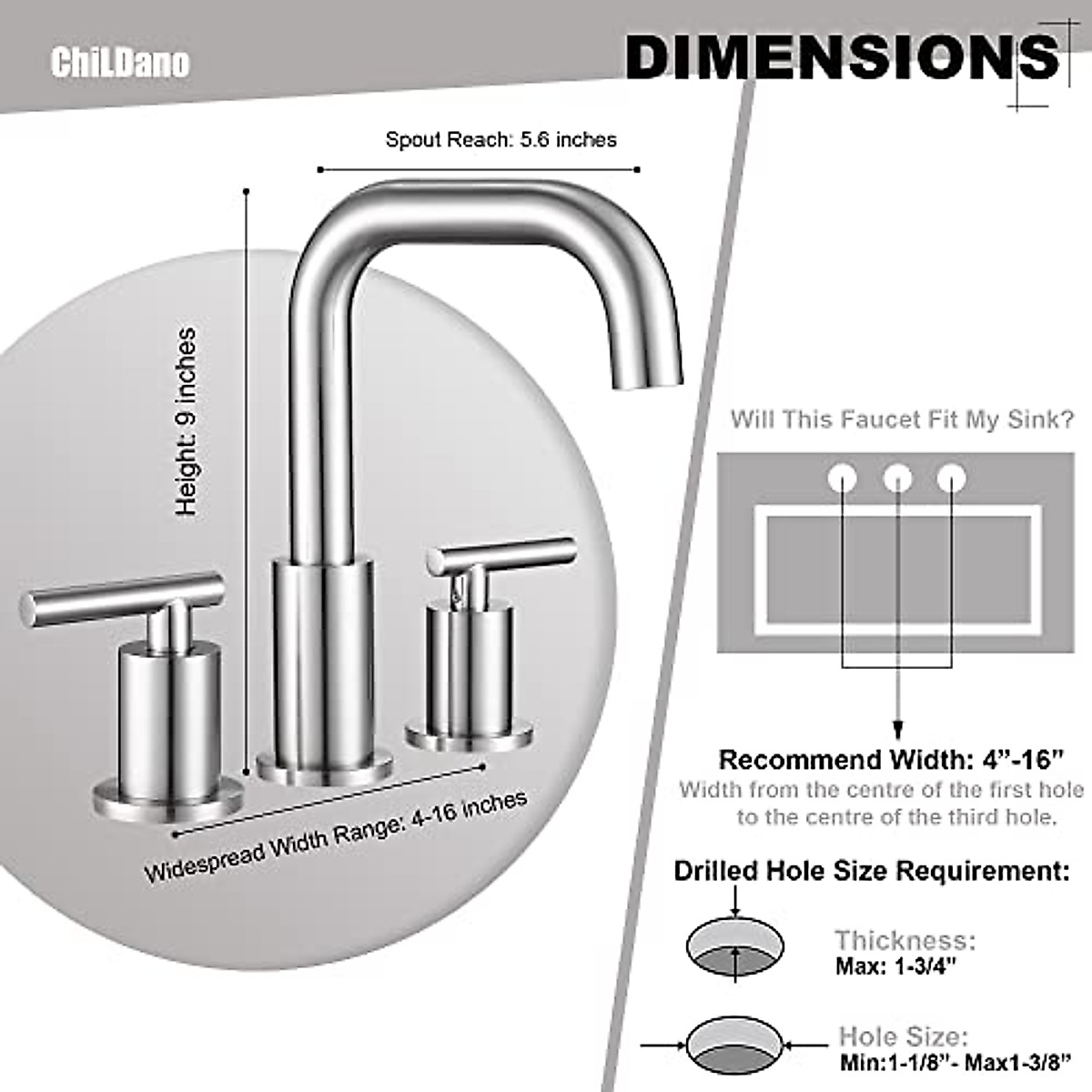 8 inch Brushed Nickel Widespread Bathroom Faucet, 2 Handle 3 Hole Bathroom Faucet with Sink Drain and Water Faucet Supply Hose, ChiLDano Bathroom Faucets CH3166BN