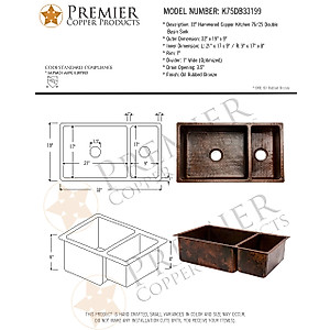 Premier Copper Products K75DB33199 33-Inch Hammered Copper Kitchen 75/25 Double Basin Sink, Oil Rubbed Bronze