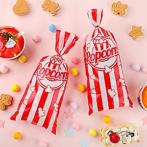 100 Pcs Popcorn Bags for Party Treat Set, Cellophane Candy Bags Red White Stripe Cookie Snacks Bags with 150 Red Twist Ties for Circus Carnival Birthday Party Favor(Strip Style)
