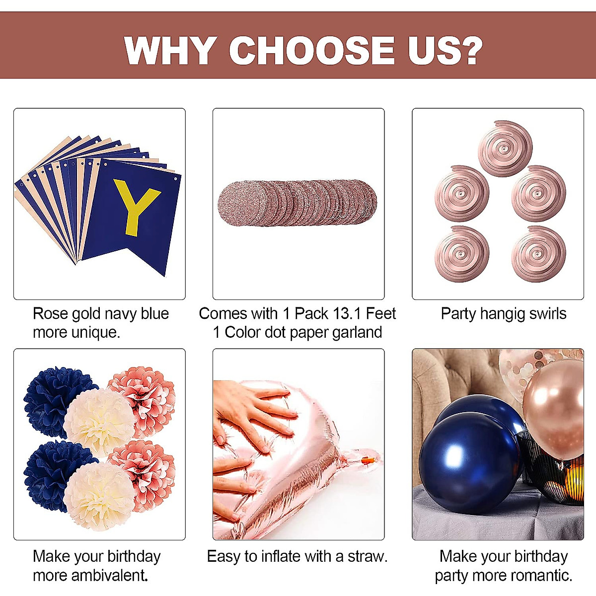 Navy Blue and Rose Gold Birthday Party Decorations for Women Girls,Happy Birthday Banner,Rose Gold Party Decorations for Women with Tissue Paper Pom,Hanging Swirls,Circle Dots Garland for Women Girls Birthday Decorations
