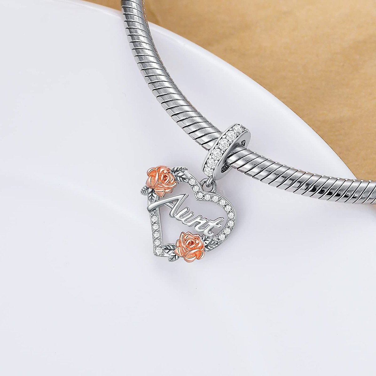 SLIACETE Aunt Charms for Bracelets 925 Sterling Silver Rose Flower Heart Dangle Charms Aunt Jewelry Birthday Gifts for Women Auntie