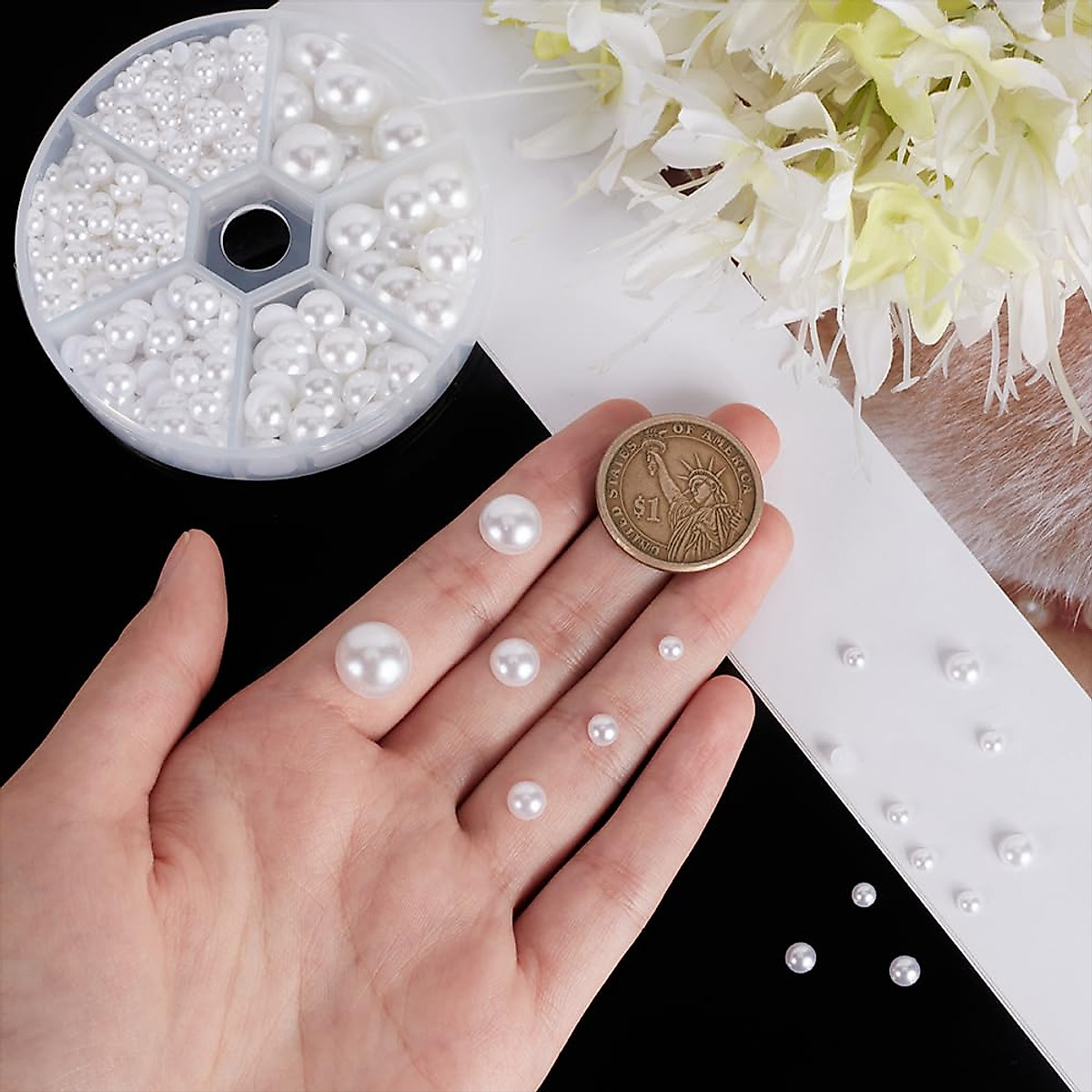 PH PandaHall 6 Sizes White Flat Back Pearl Cabochon 690pcs Flat Pearls Gems for Shoes Crafts Scrapbooking Embellishment Makeup Wedding Diamond Phone Nail Making 4mm 5mm 6mm 8mm 10mm 12mm