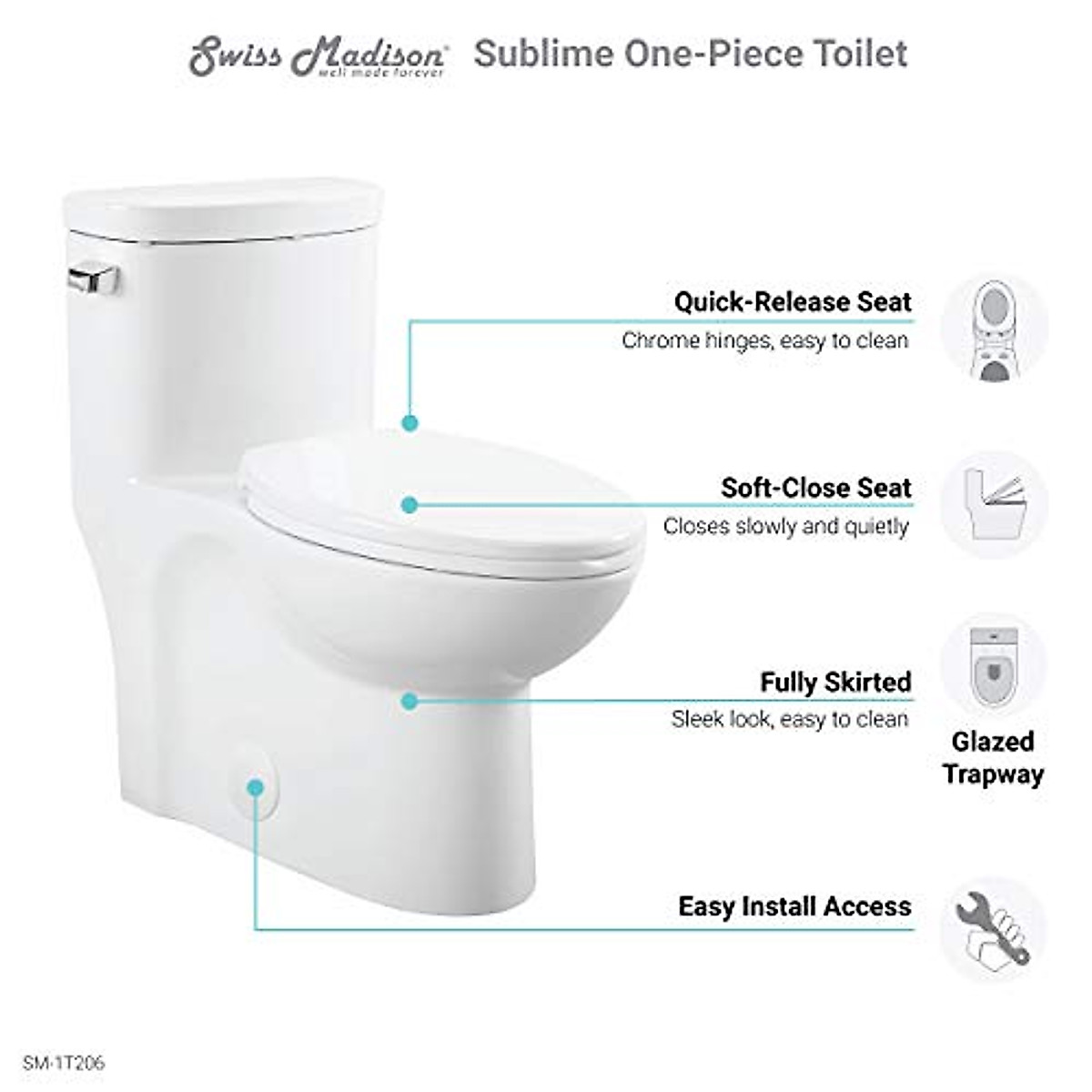 Swiss Madison Well Made Forever SM-1T206 Sublime One Piece Elongated Left Side Flush Handle Toilet 1.28 gpf, Glossy White