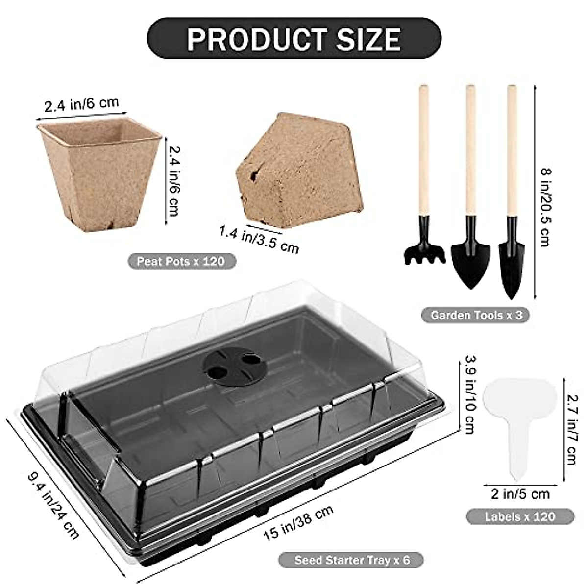 Hahood 6 Pack Seed Starter Tray Kit with 120 Square Peat Pots for Seedlings, Including Plants Labels, Planting Tools, Growing Trays Plastic Germination Tray Paper Starter Pods for Plant Seeds, Black