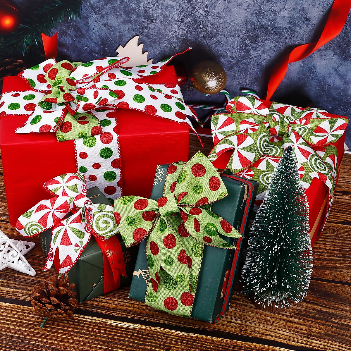 Christmas Ribbon Wired 24 Yard 2.5 Inch Wide Christmas Tree Ribbon Candy Dot Ribbon for Wrapping, Christmas Tree, Wreath, Garland, Home Decor