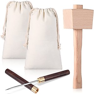 4 Pcs Lewis Bag and Ice Mallet Set, 11.8 x 7.9 Inch Reusable Canvas Crushed Ice Bags with Wooden Handle Ice Hammer Ice Crushers Stainless Steel Ice Pick with Safety Cover for Bar Bartender Tools Kit