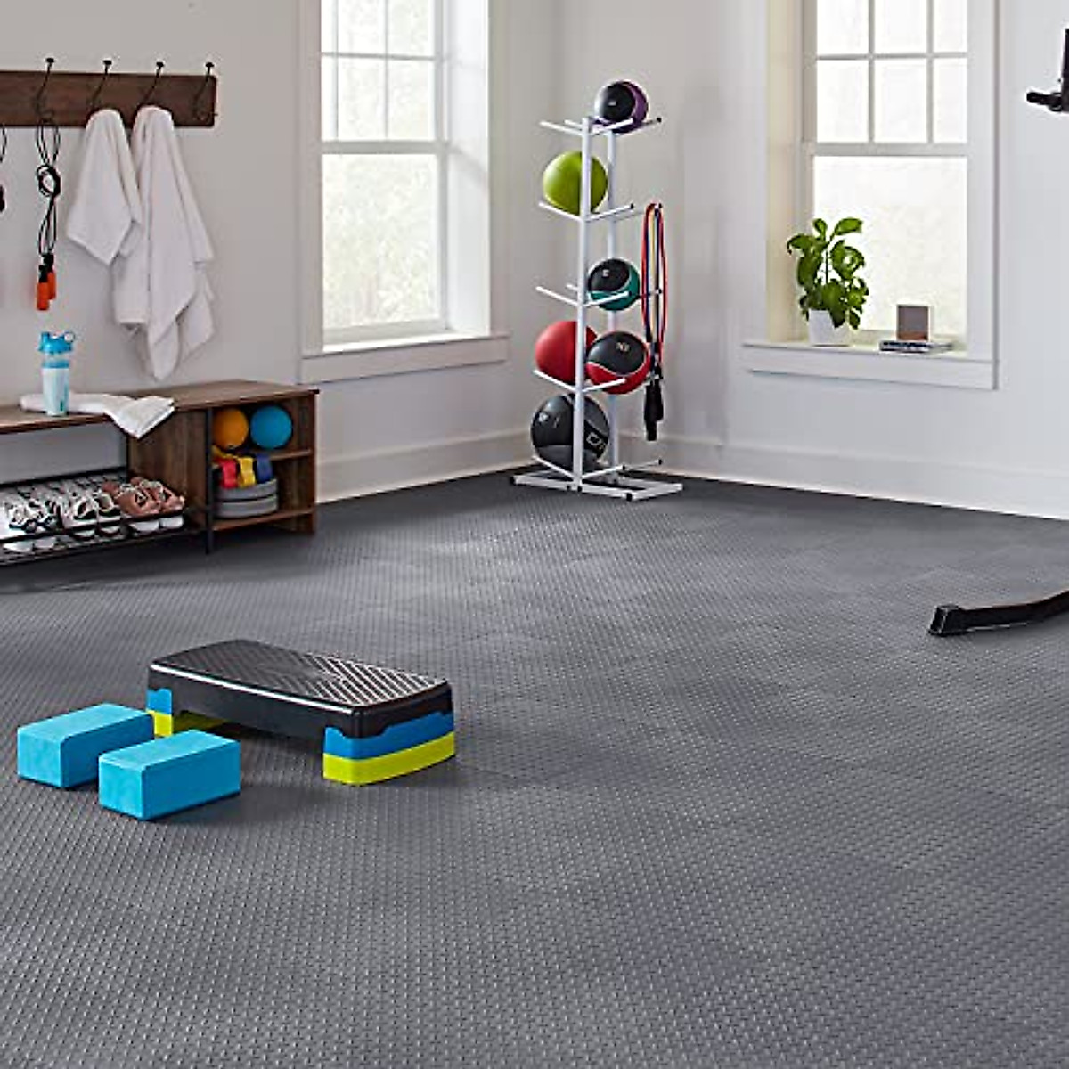 VersaTex Garage Floor 18 x 18 inch Square Rubber Diamond Plate Interlocking Floor Tiles for Home Gym, Garage Flooring, Trade Show Flooring, Basement Tiles, 16 Pack (Gray)