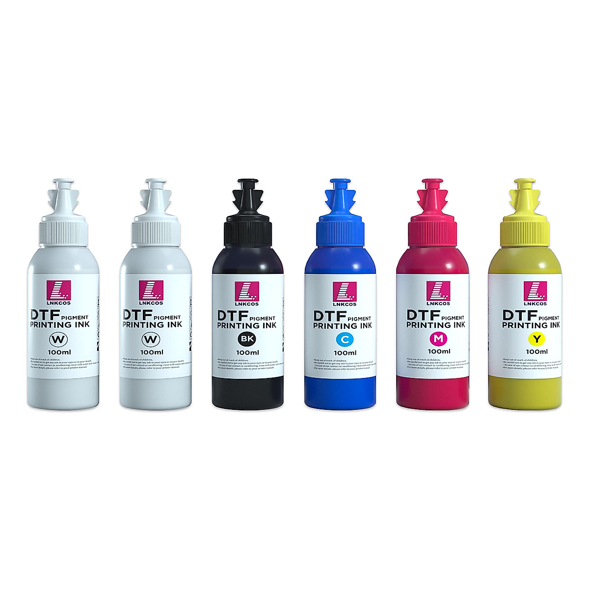 LNKCOS 6×100ML DTF Ink Refill for Inkjet Printer Heat Transfer Printing Direct to Film (2 White+CMYK,6 PCS)