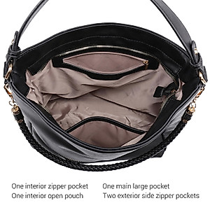 Dasein Hobo Handbags for Women Purses Vegan Leather Shoulder Bags Bucket Purse Large Tote Set with Long Strap (black)