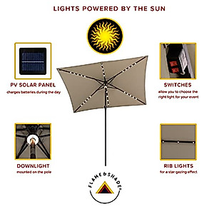 FLAME&SHADE 6.5 x 10 ft Rectangular Solar Powered Outdoor Market Patio Table Umbrella with LED Lights and Tilt, Taupe
