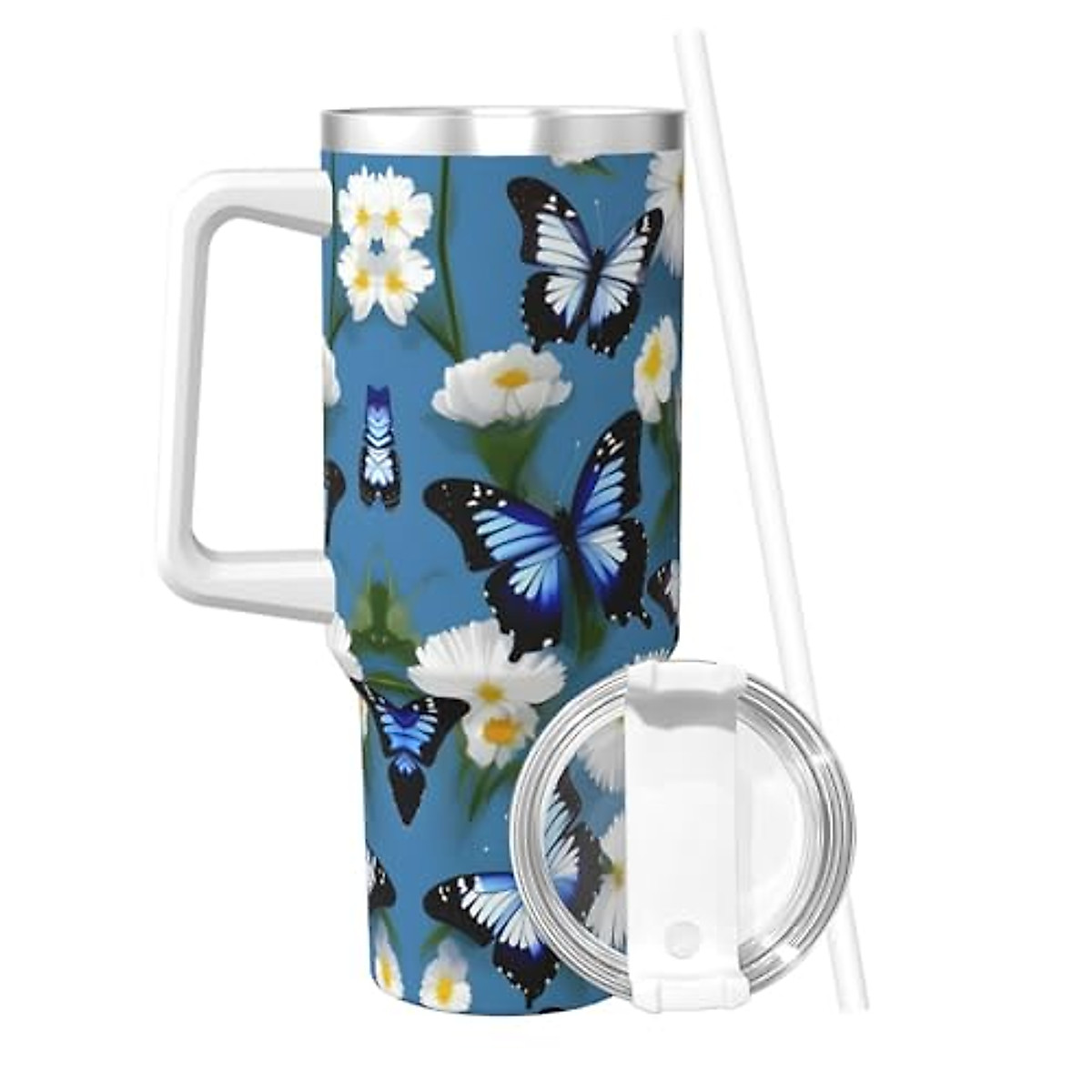 HULIBIN Blue Butterflies White Flowers Print Double Deck Stainless Steel Travel Coffee Cup With Lid 40 Oz Ice Bully Cup