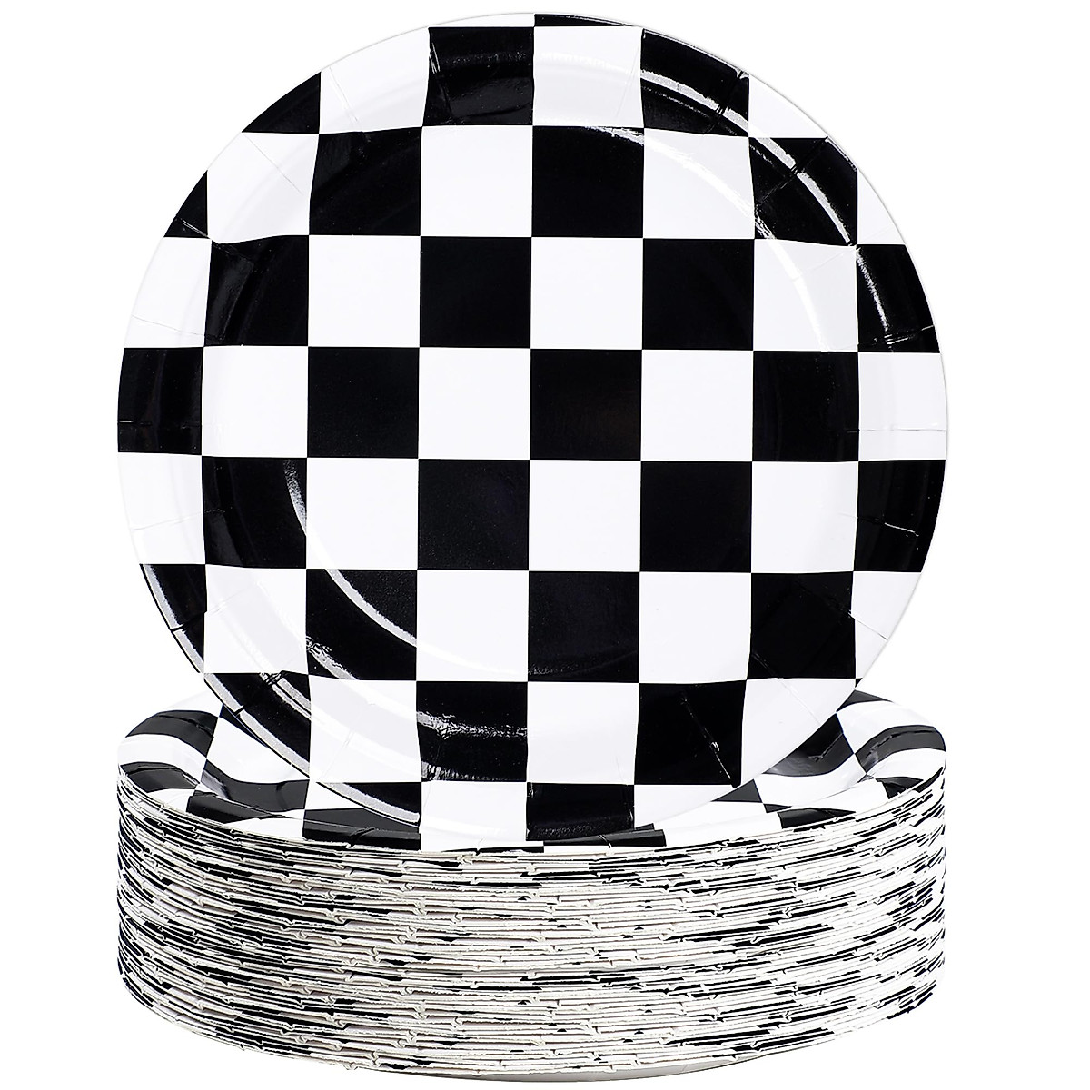 50 Packs Racing Car Paper Plates 9" Black and White Disposable Plates Checkered Flag Party Plates Round Dessert Dinner Paper Plate for Race Car Party Supplies Kids Birthday Tableware