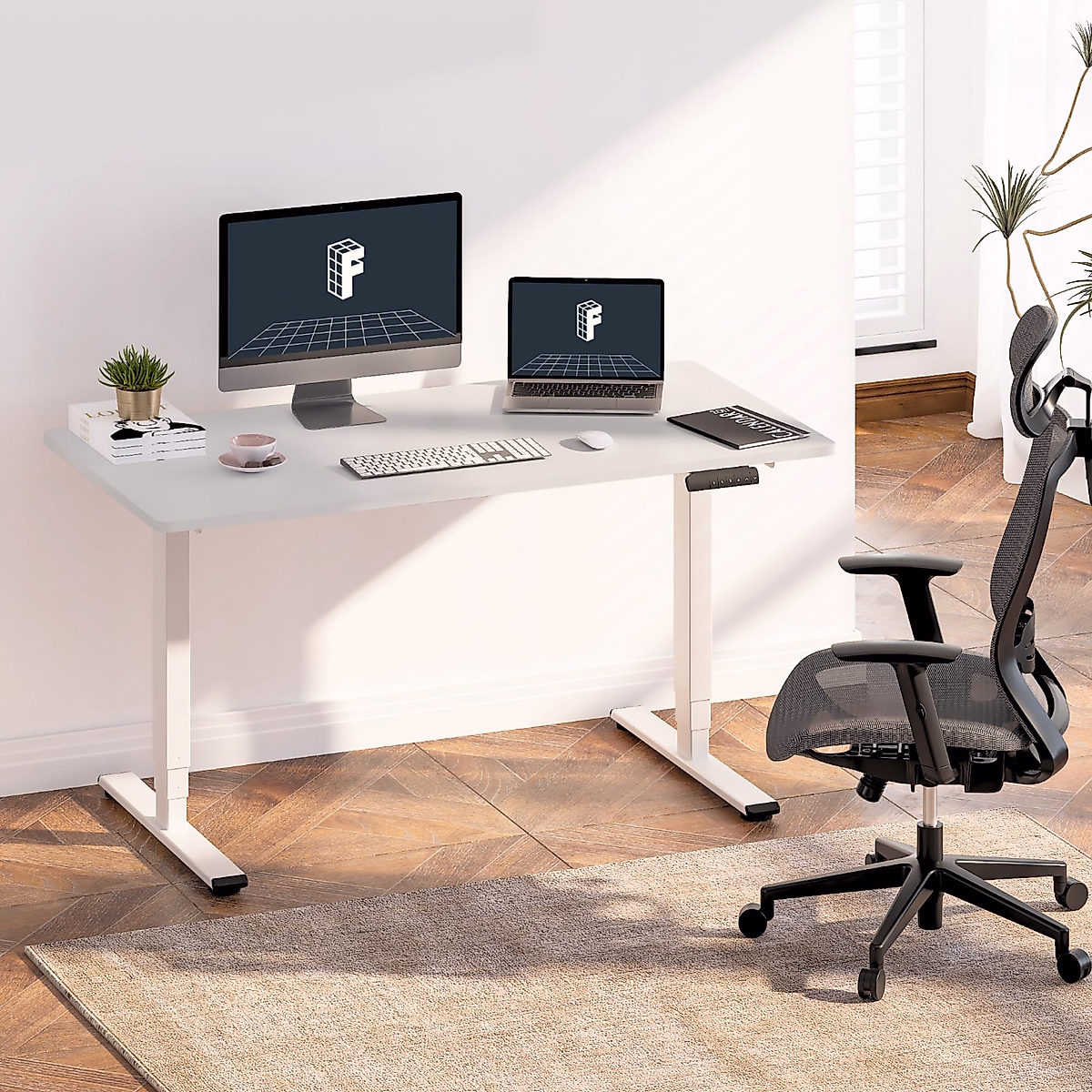 FLEXISPOT Stand Up Desk 3 Stages Dual Motor Electric Standing Desk 48x30 Inch Whole-Piece Board Height Adjustable Desk Electric Sit Stand Desk(White Frame + White Desktop, 2 Packages)