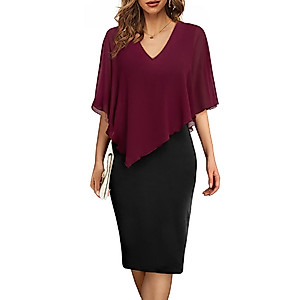 Bodhi talk Women's Solid Color Tank Dress Floral Chiffon Fake Two Pieces Dress Sleeveless Sheath Cape Dresses Dark Red X-Large