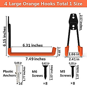 Heavy Duty Garage Storage Utility Double Hooks,Extended Wall Mount Tool Holder Organizer for Ladders,Bike,Chair (4 Pack Orange 7.5" Large U Hook)