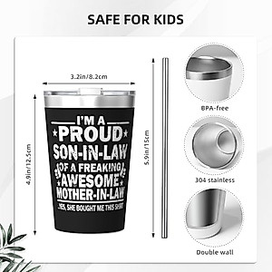 I'm A Proud Son In Law Of A Freaking Awesome Mother In Law Gifts 12oz Stainless Steel Coffee Tumbler Travel Coffee Mug Insulated Coffee Mug with Lid Spill Proof Coffee Cup Portable Thermal Mug-NN