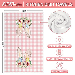 AnyDesign Easter Kitchen Towel Easter Rabbit Bunny Egg Floral Dish Towel Watercolor Pink White Buffalo Plaids Hand Drying Tea Towel for Spring Holiday Cooking Baking Cleaning, 18 x 28, 2 Pack