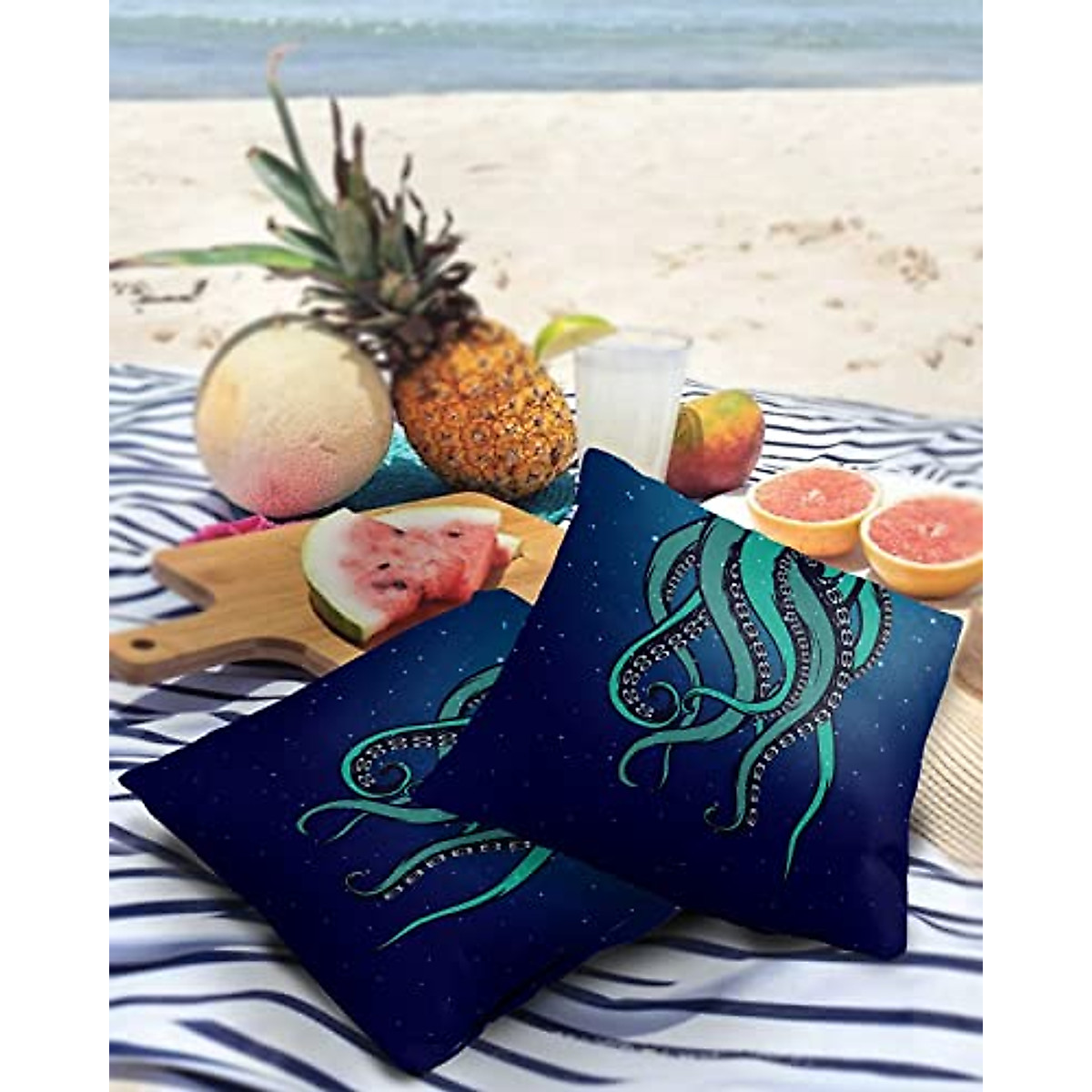 Outdoor Waterproof Throw Pillow Covers 2 Pack Square Pillowcases Underwater Octopus Tentacles Pillow Protectors Decorative Cushion Cases for Patio,Garden,16x16 Inch