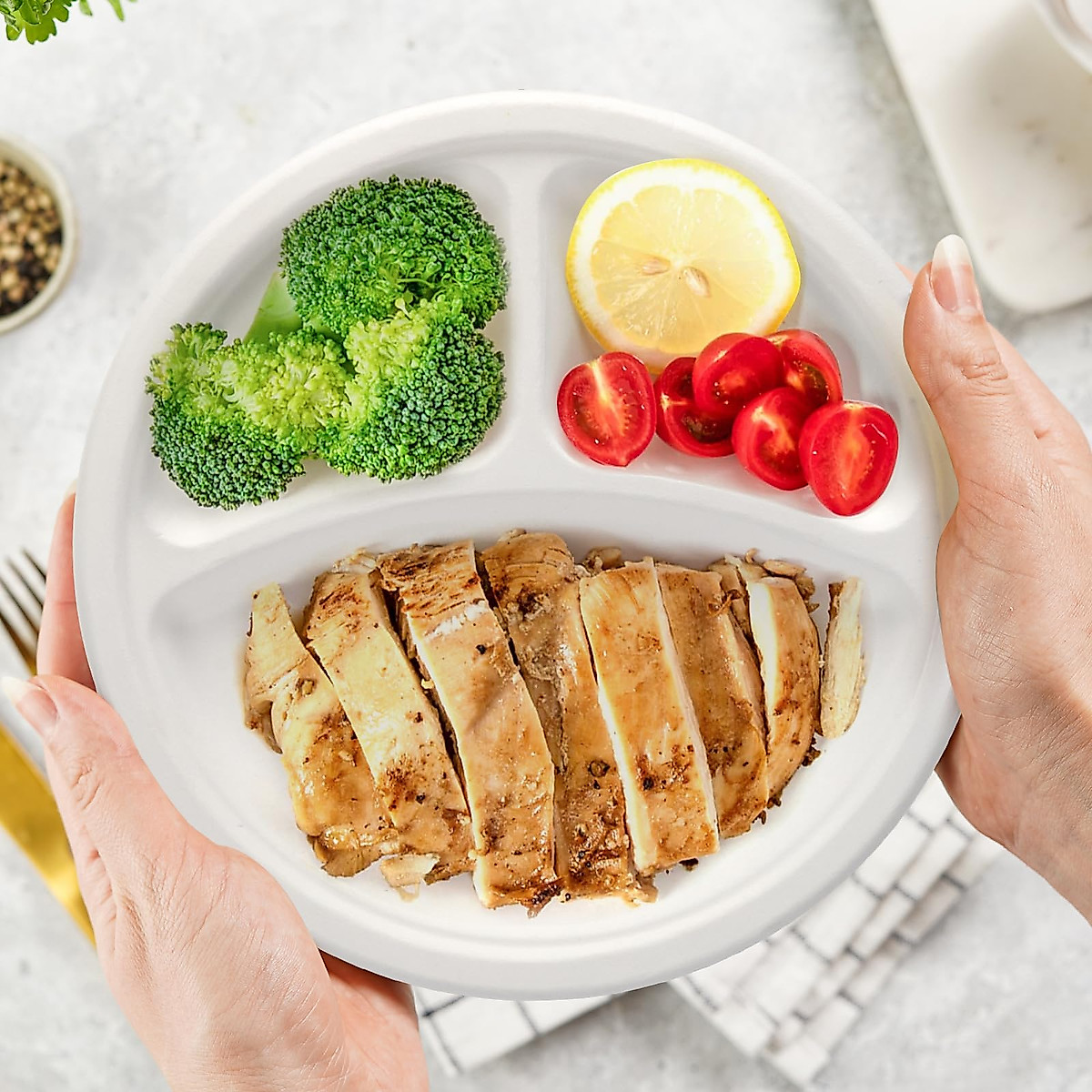 Disposable Paper Plates 9 Inch with 3 Compartment [125 Pack]-100% Compostable Heavy Duty Plates, Biodegradable Paper Plates Made from Sugar Cane Fibers, for Parties, Daily Meals, Dinners, BBQ (White)