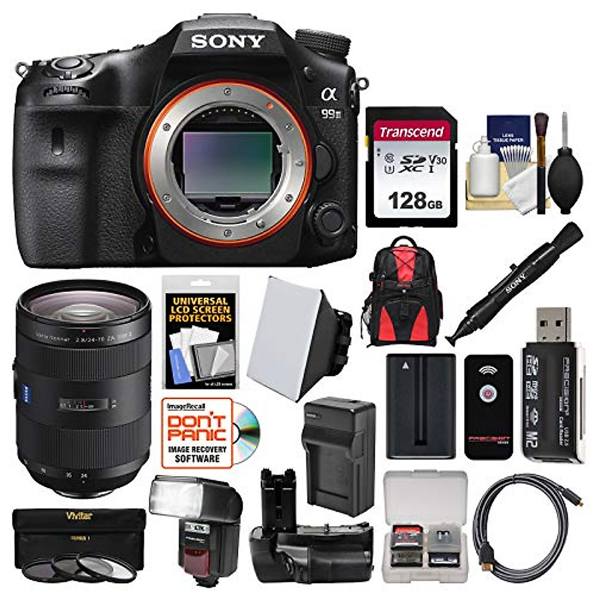 Sony Alpha A99 II Full Frame 4K Wi-Fi Digital SLR Camera Body & 24-70mm f/2.8 Zeiss Lens + 128GB Card + Backpack + Flash + Battery & Charger + Grip Kit
