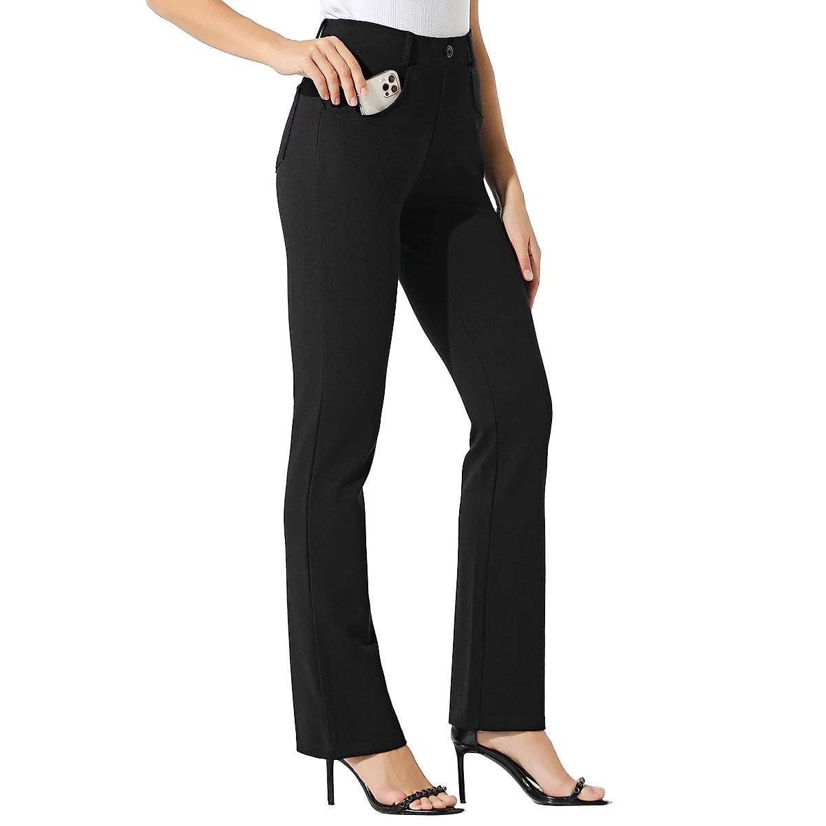 Willit 31" Women's Yoga Dress Pants Bootcut Work Slacks Stretch Office with Belt Loops 4 Pockets Black XL