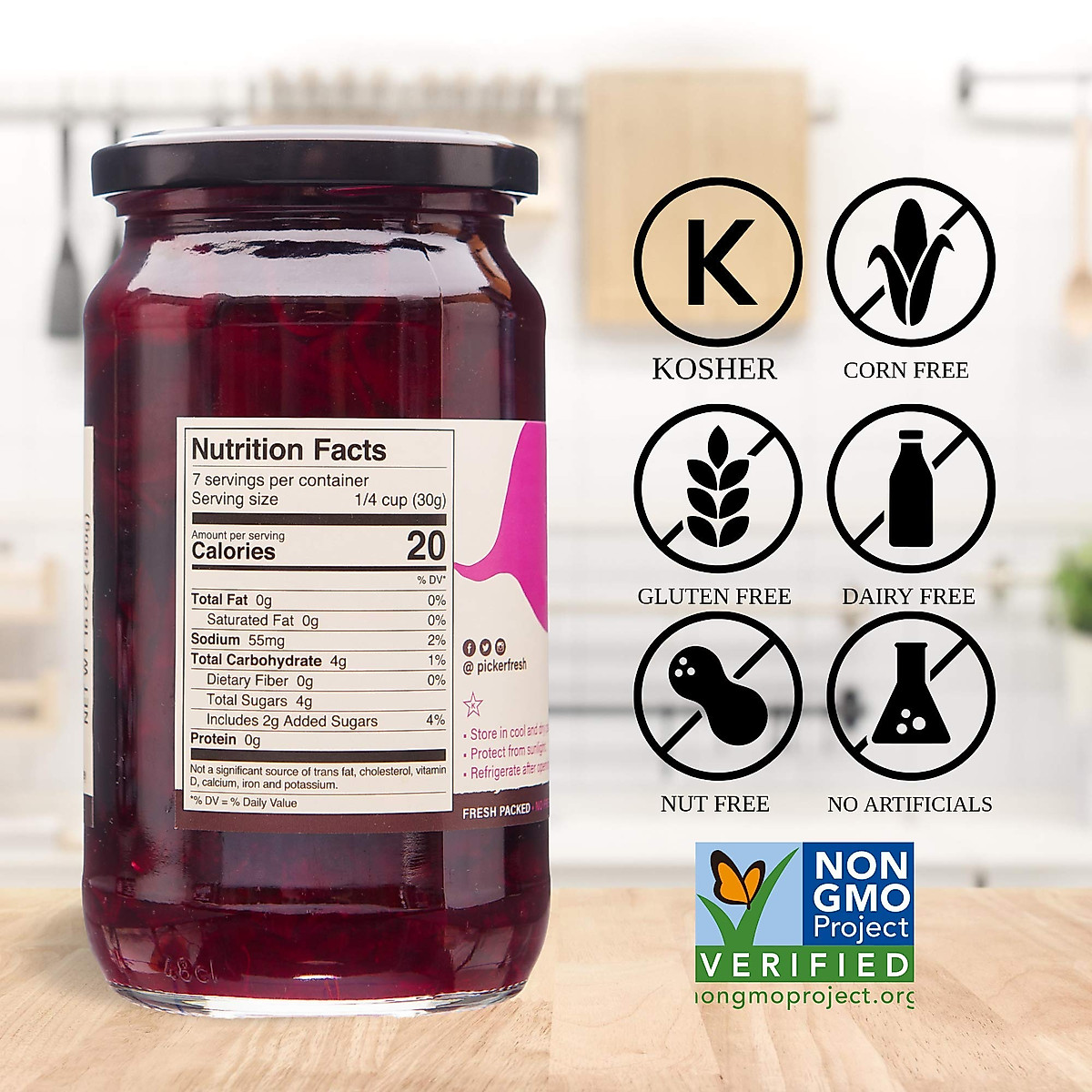 Pickerfresh Pickled Beets, 16 Oz, Pack of 3, 100% Natural and Certificated Crinkle Cut Sliced Beetroot, No Artificial Color, and No Preservatives, Non-GMO, Gluten Free, Kosher, Ready to Eat